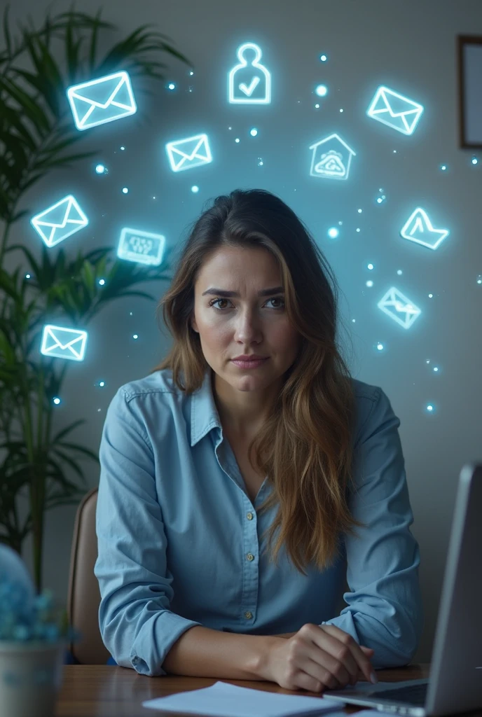 A modern woman sitting at a desk, surrounded by floating phone notifications - SeaArt AI