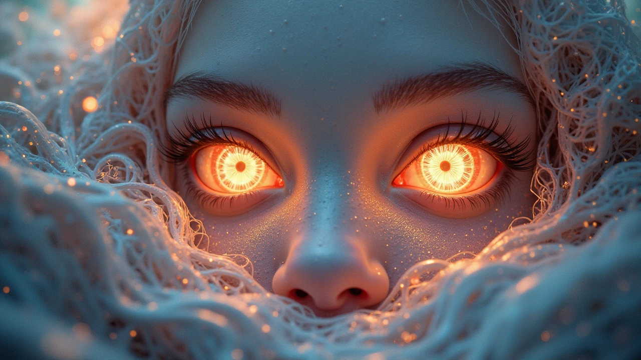 "A pair of eyes, glowing with ethereal light, suspended in a field of ...