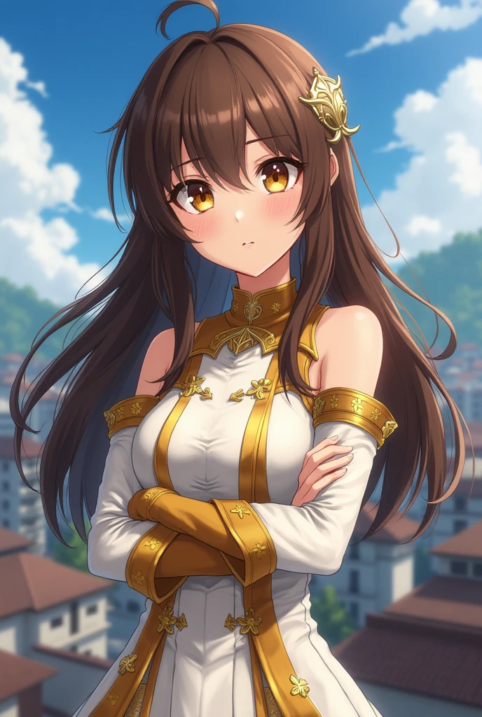 Anime girl brown hair and honey-colored eyes dressed in colors gold and ...