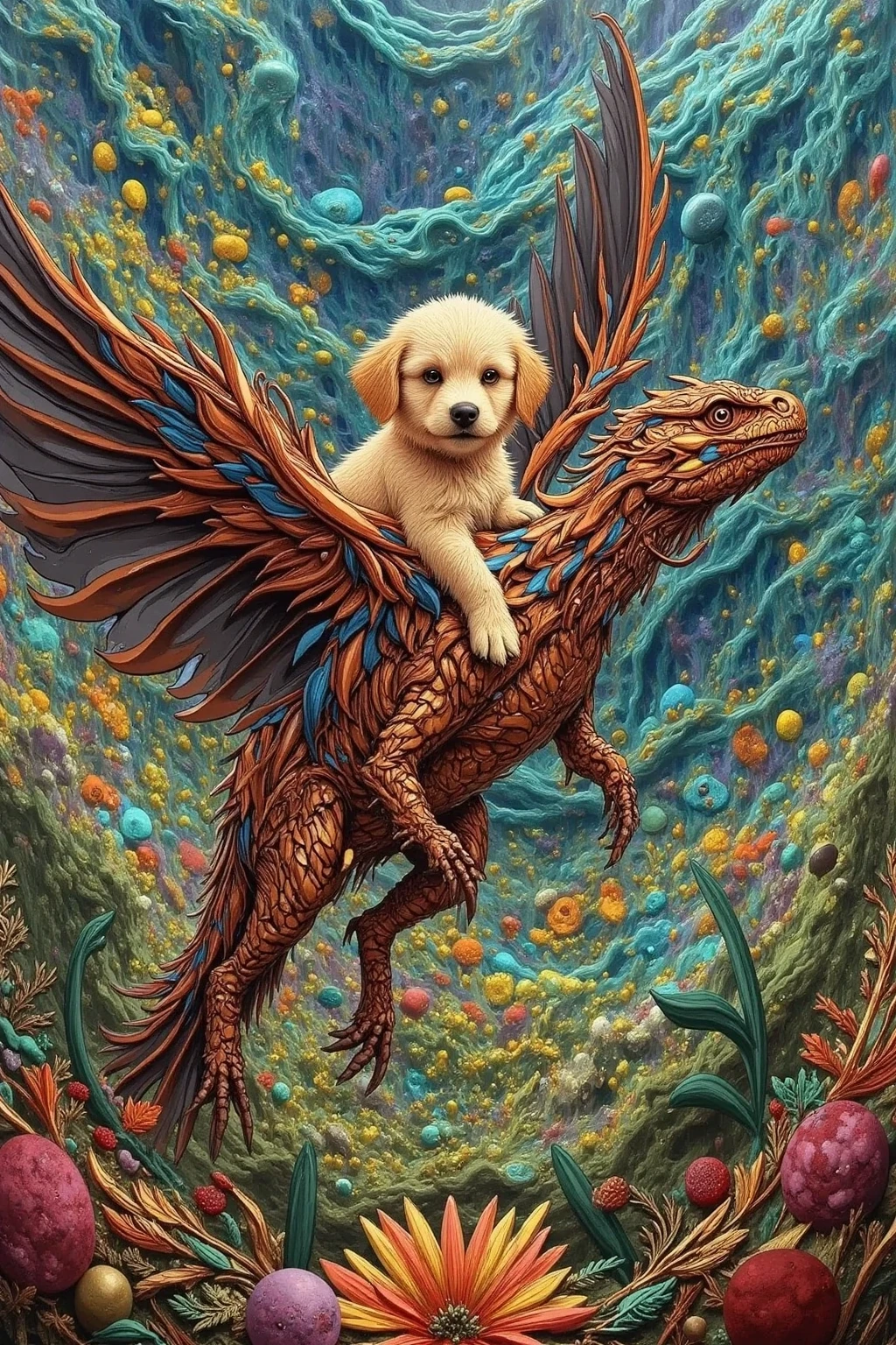 A puppy traveling through a fairytale country riding on the back of a large pter - SeaArt AI
