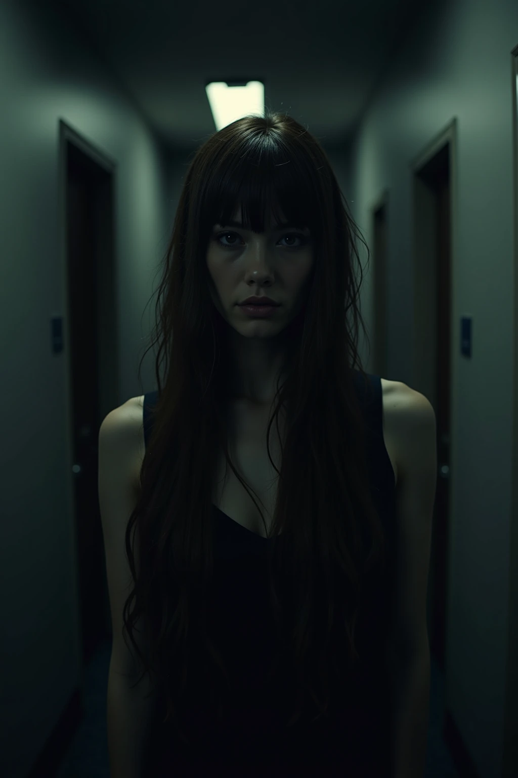 A long-haired woman standing in a dark, eerie hallway, her bangs ...