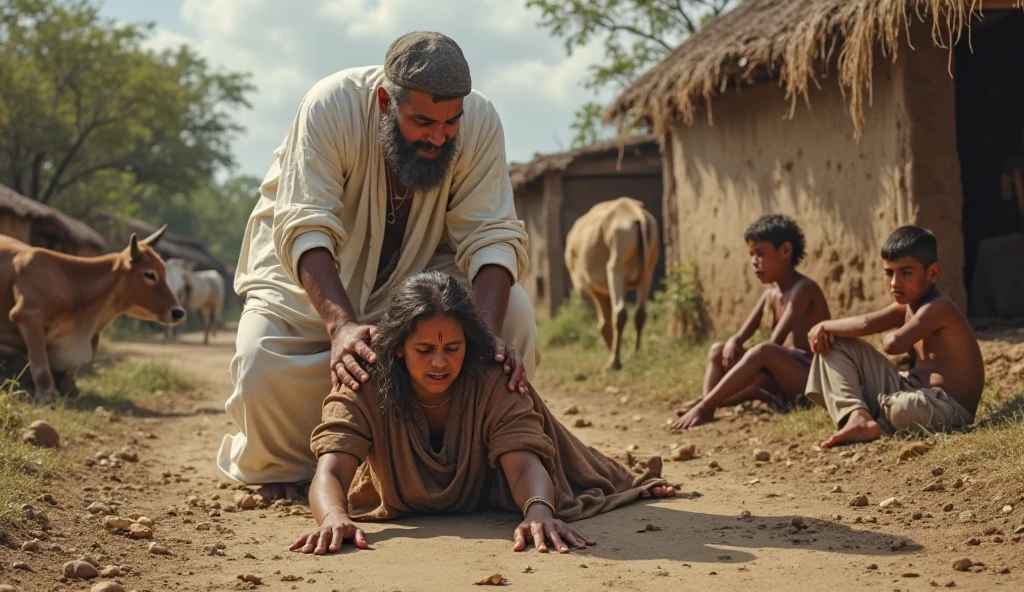 "A realistic rural village scene. A poor woman is falling forward on ...