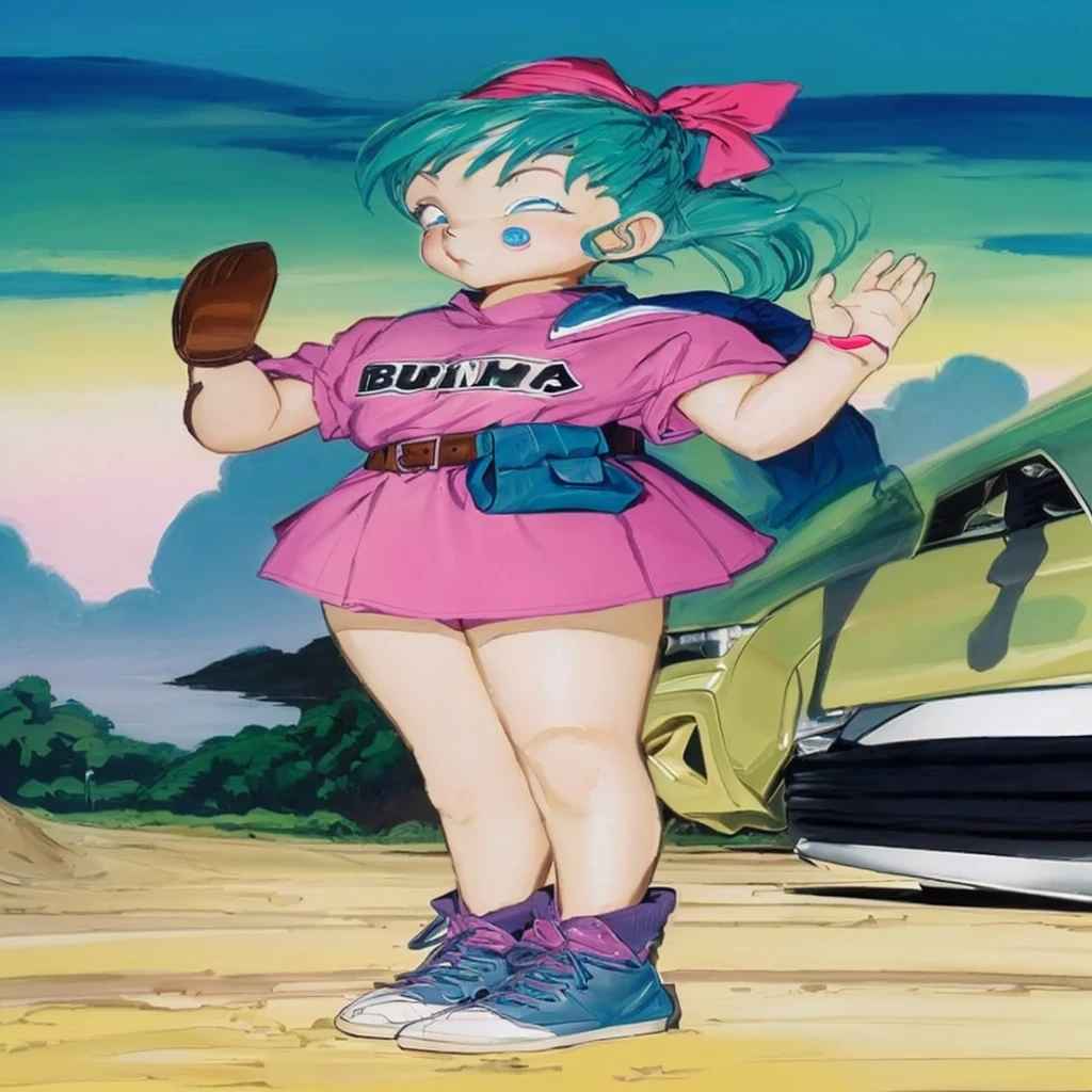 Realistic girl in pink outfit standing next to a car on a dirt road ...