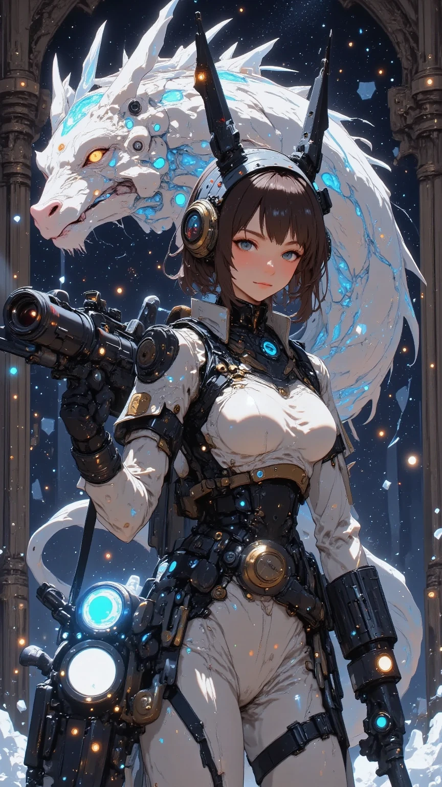 ((she has a black assault rifle in her hand、With a focused and nervous ...