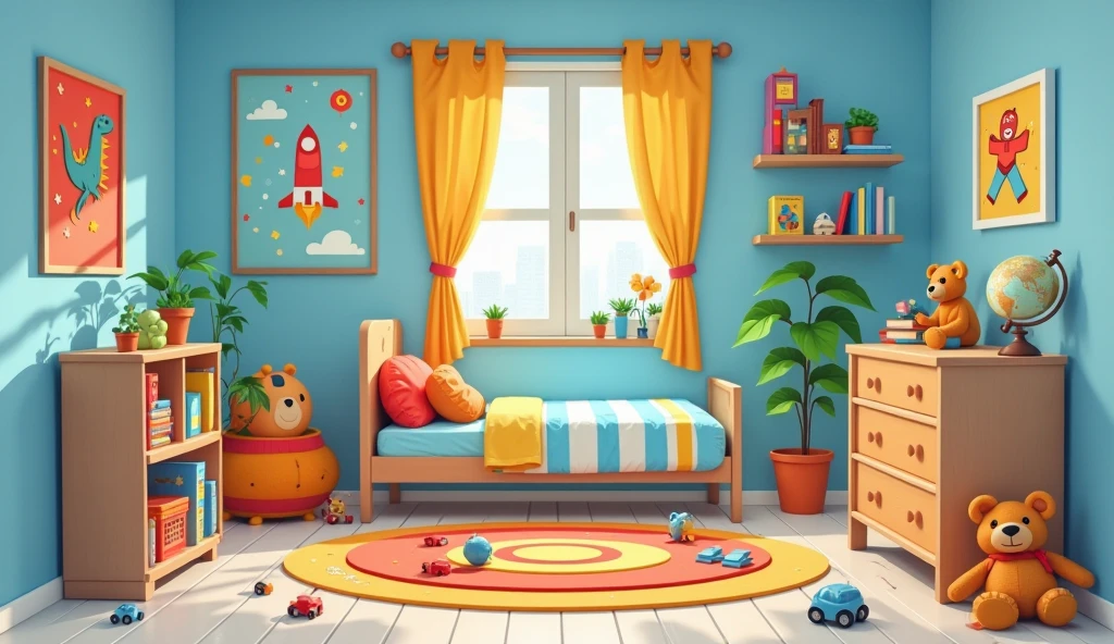 A 2D cartoon style bedroom, colorful and cheerful, with light blue ...
