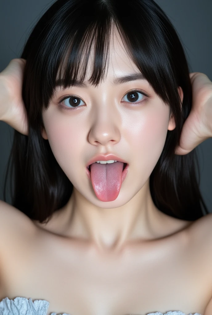 Girls, black hair, Long Hair , open your mouth wide and stick your tongue - SeaArt AI