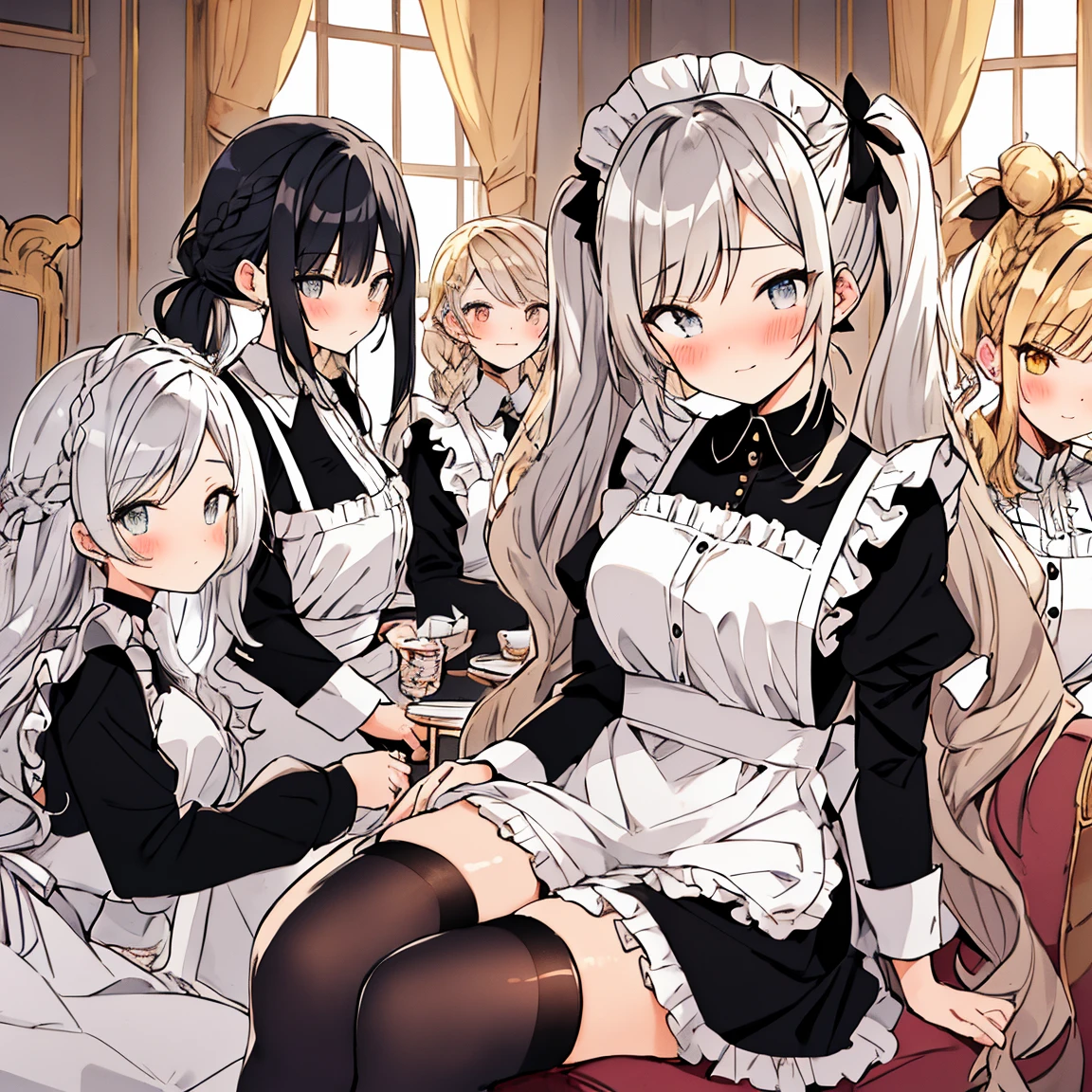 Anime style, five cute anime maids standing and sitting in a classic ...