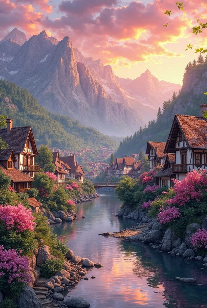 Small village by the river, mountains in the background, colorful pink ...