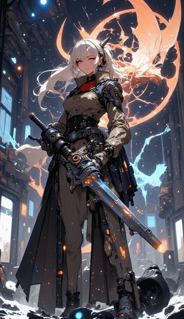 A fierce female cyborg with a mechanical dragon head for an arm - SeaArt AI