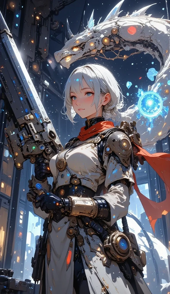 A focused female cyborg with a mechanical dragon head arm, clutching a ...