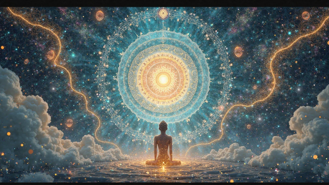 A presentation slide transitions into the Flower Garland Sutra network ...