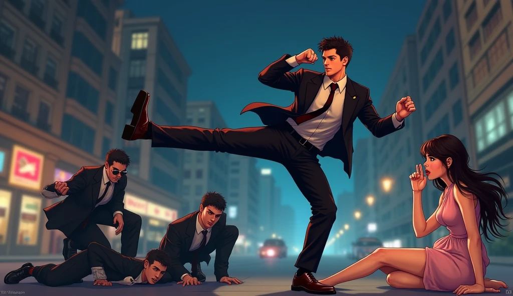 Image is a dynamic, action-themed digital artwork featuring a nighttime ...
