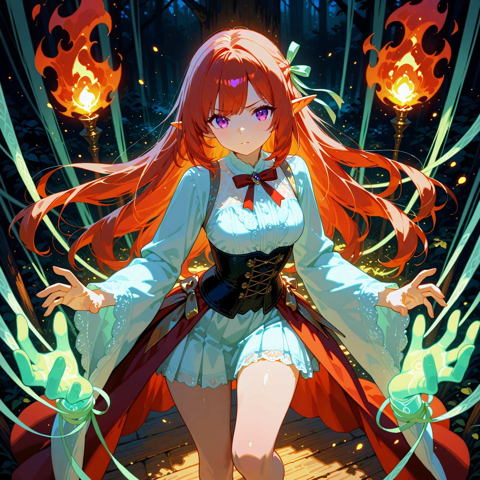 ((She is facing forward, gracefully drawing a simple red-brown wooden ...