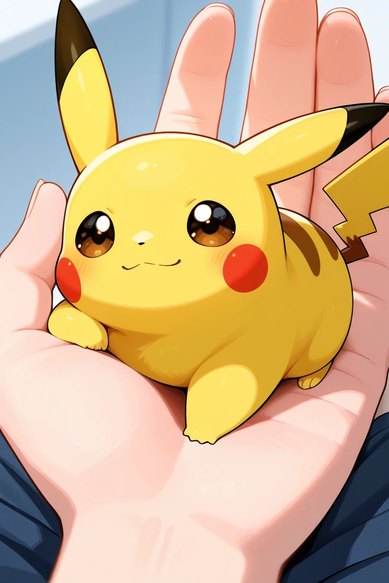 A cute little Pikachu that looks like an AI image is on the palm of her ...