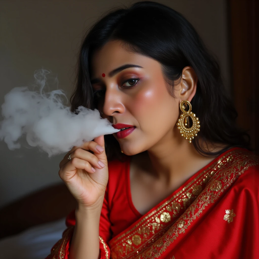 Close-up, A women woofing the ciggerate smoke on the face of a woman ...