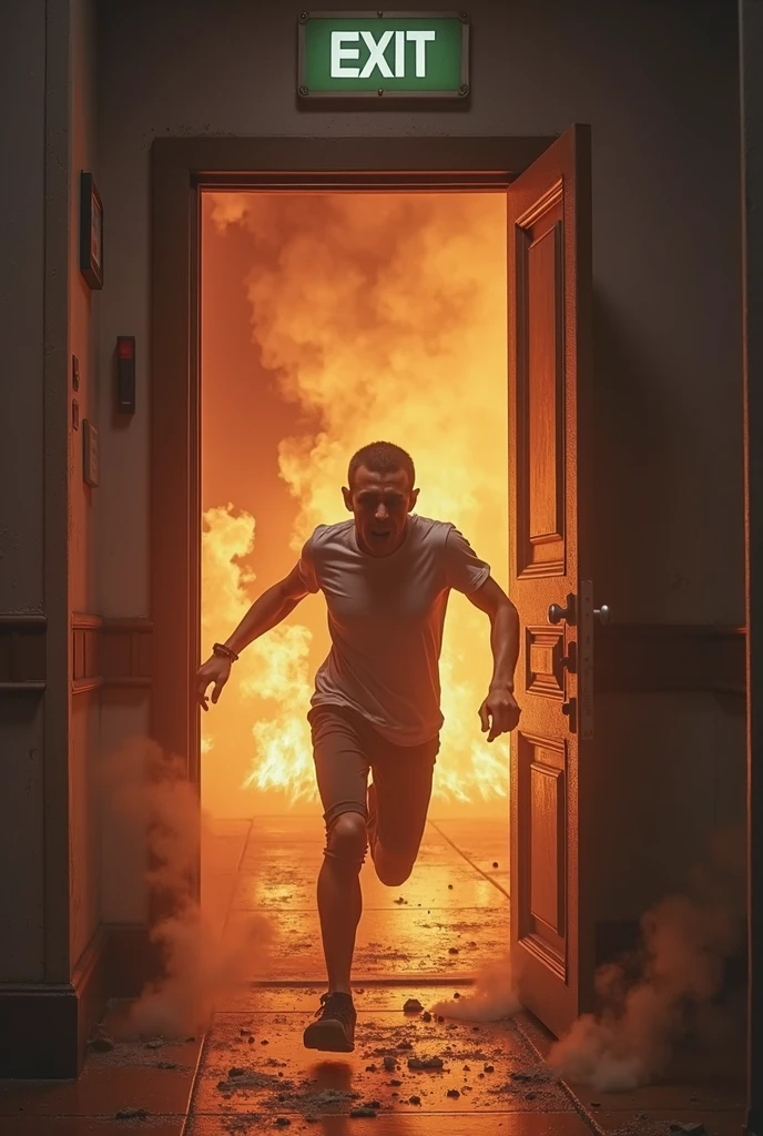 Create an image of a person fleeing a building, Show in the image the ...