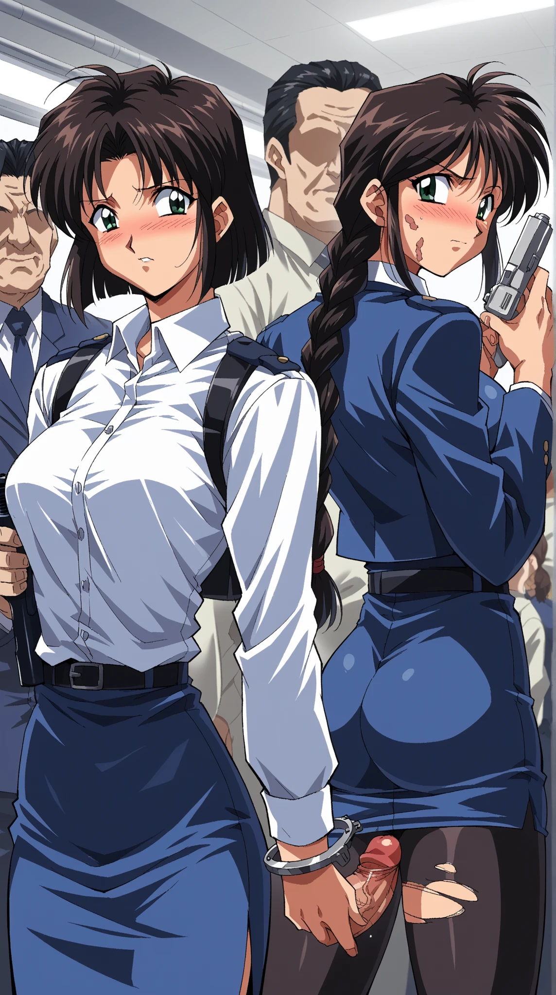 ((2 girls)), policewoman, white shirt, pencil skirt, indoors - SeaArt AI