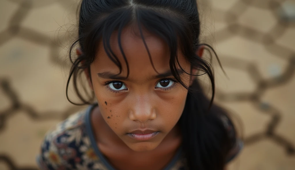Close up face of an indonesian girl, sharp stare , standing parallel to ...
