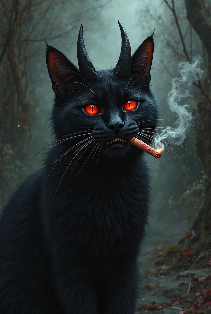 Make a black cat with red eyes and horns and vampire teeth smoking a ...