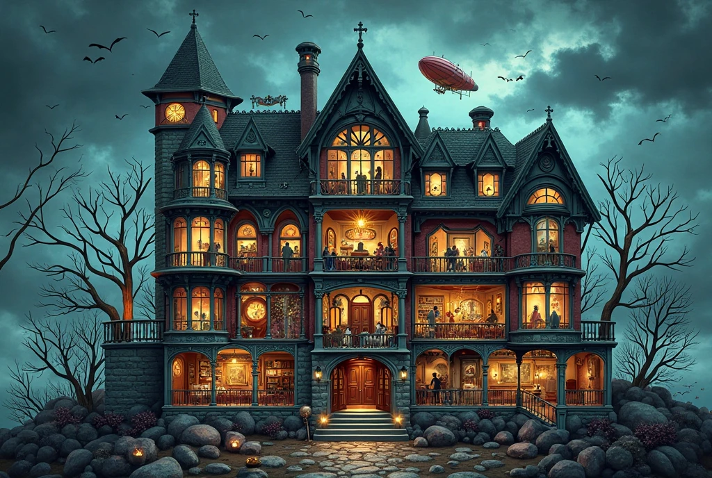 Inside a Victorian mansion, a lively scene, cross-sectional view ...