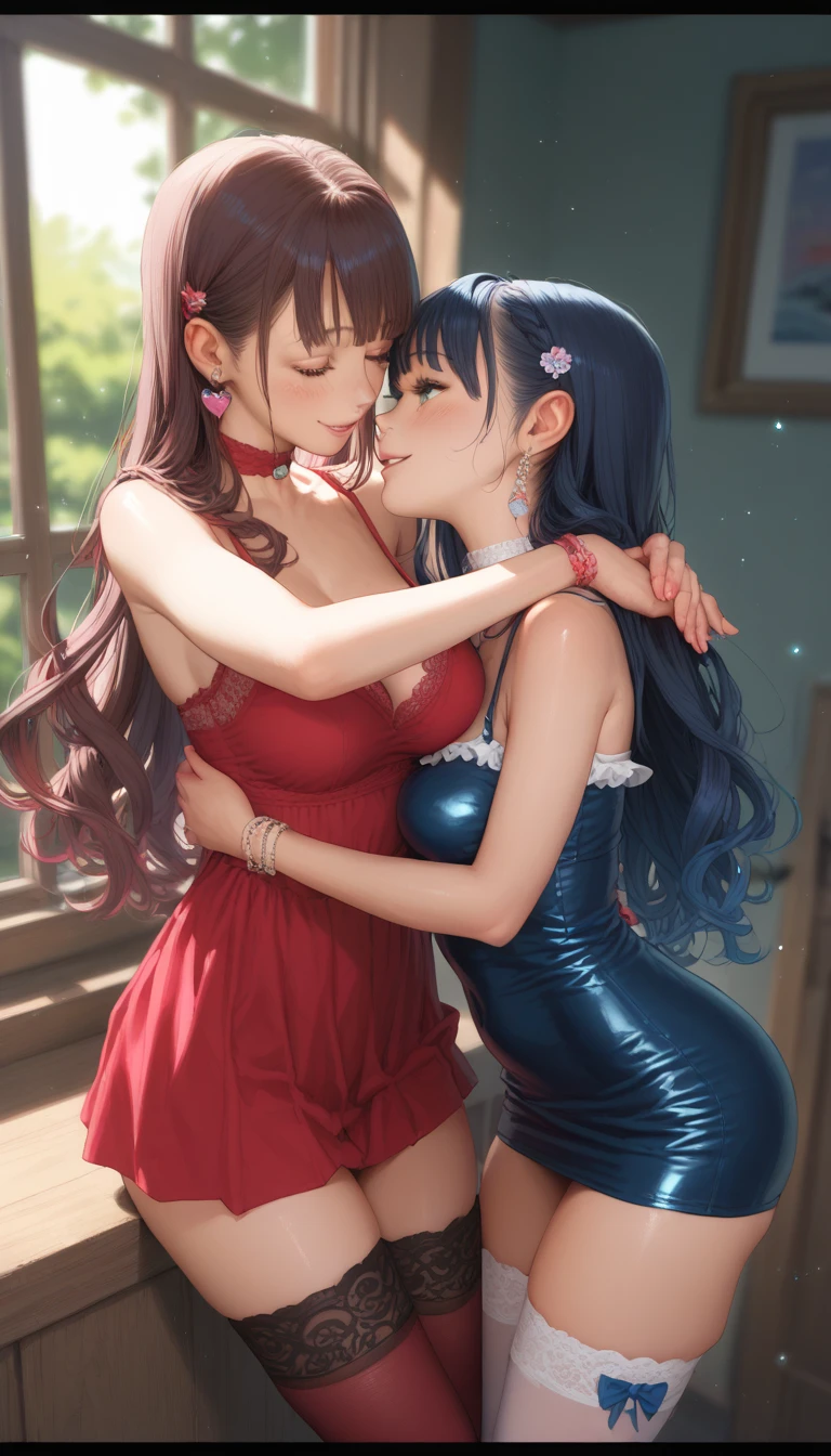 Yuri couple, two girls, looking on each other with passion, smile - SeaArt AI
