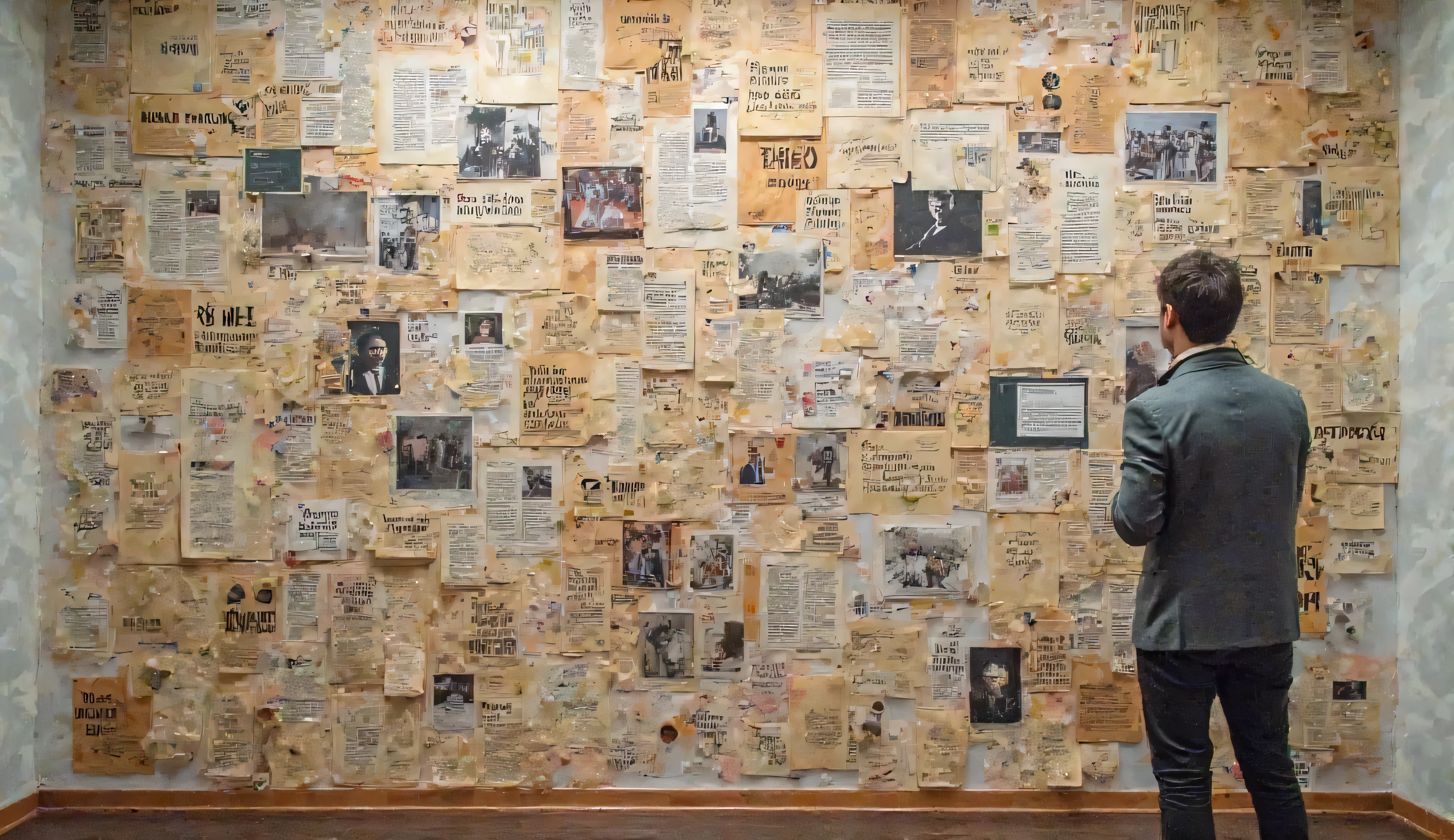 A wall upholstered with newspaper pages and book fragments, texts and ...