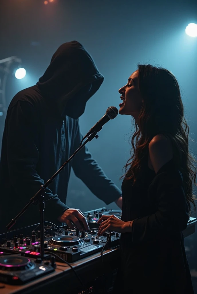 Black hooded dj, dj counter , a pretty woman sings into a studio ...