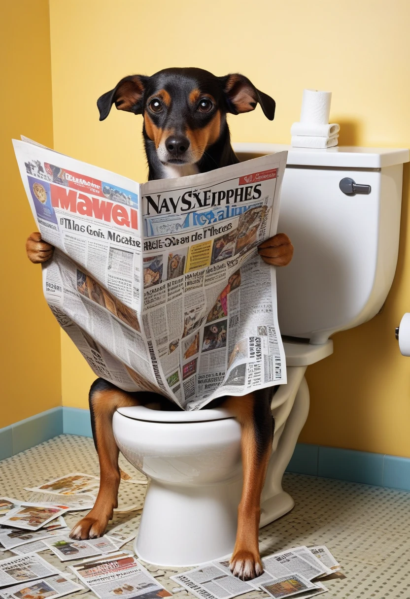 Arafed dog sitting on a toilet Reading the newspaper, and I'm wearing ...