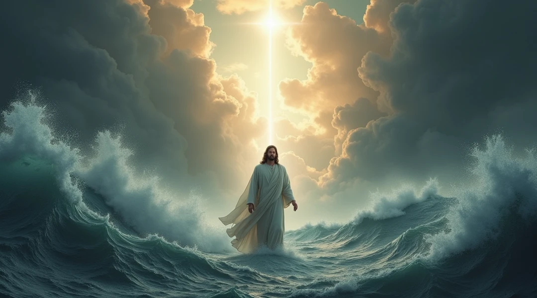 "Jesus standing calm in the middle of a violent storm, light emanating ...