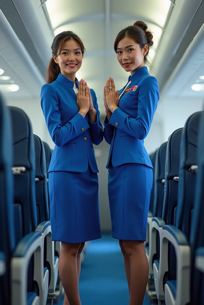 Two beautiful indonesian women wearing blue flight attendant uniforms ...