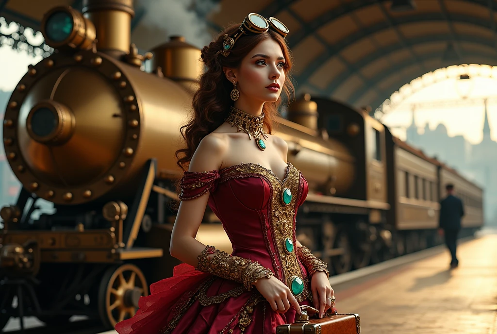 Create a richly detailed steampunk portrait scene set at a Victorian ...
