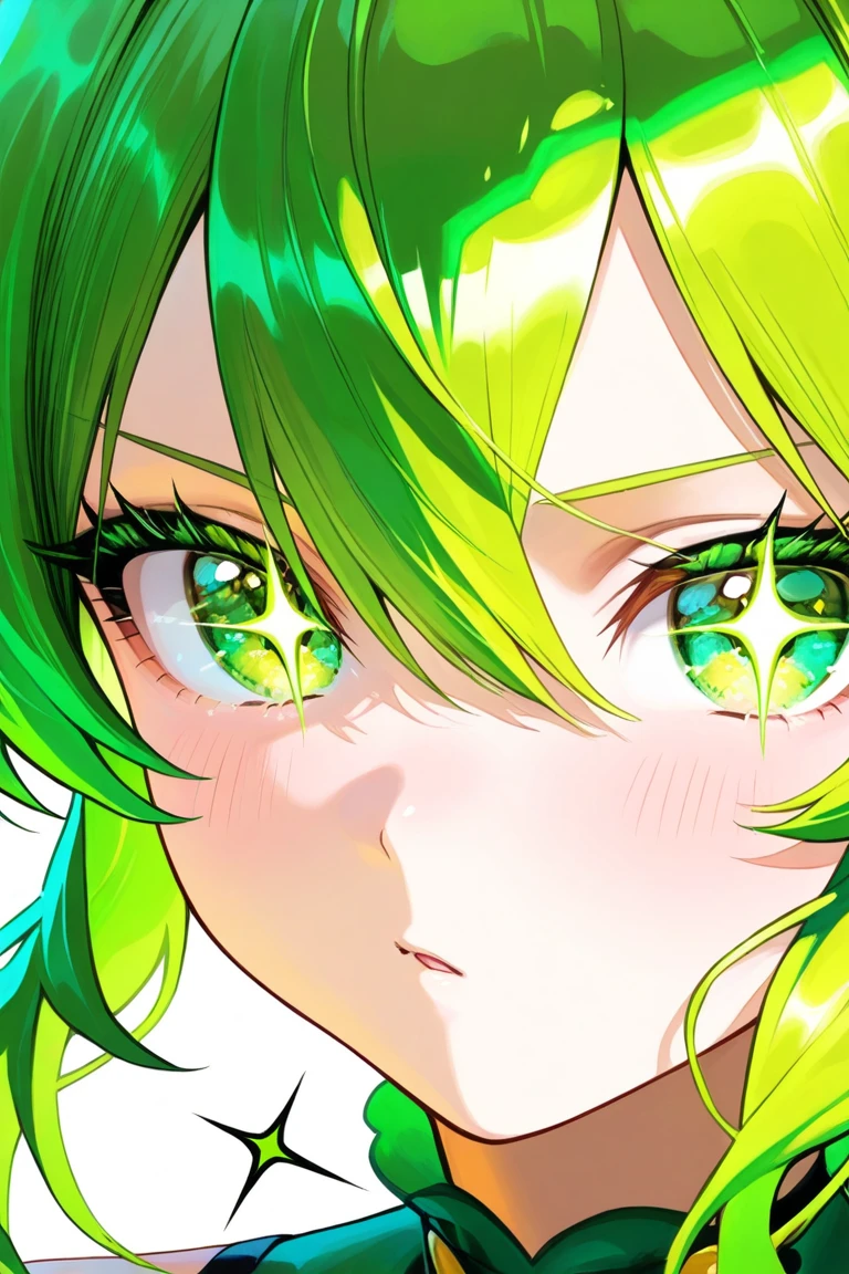 Yellow-green hair、 green aura、Sparkling green eyes、turns around - SeaArt AI