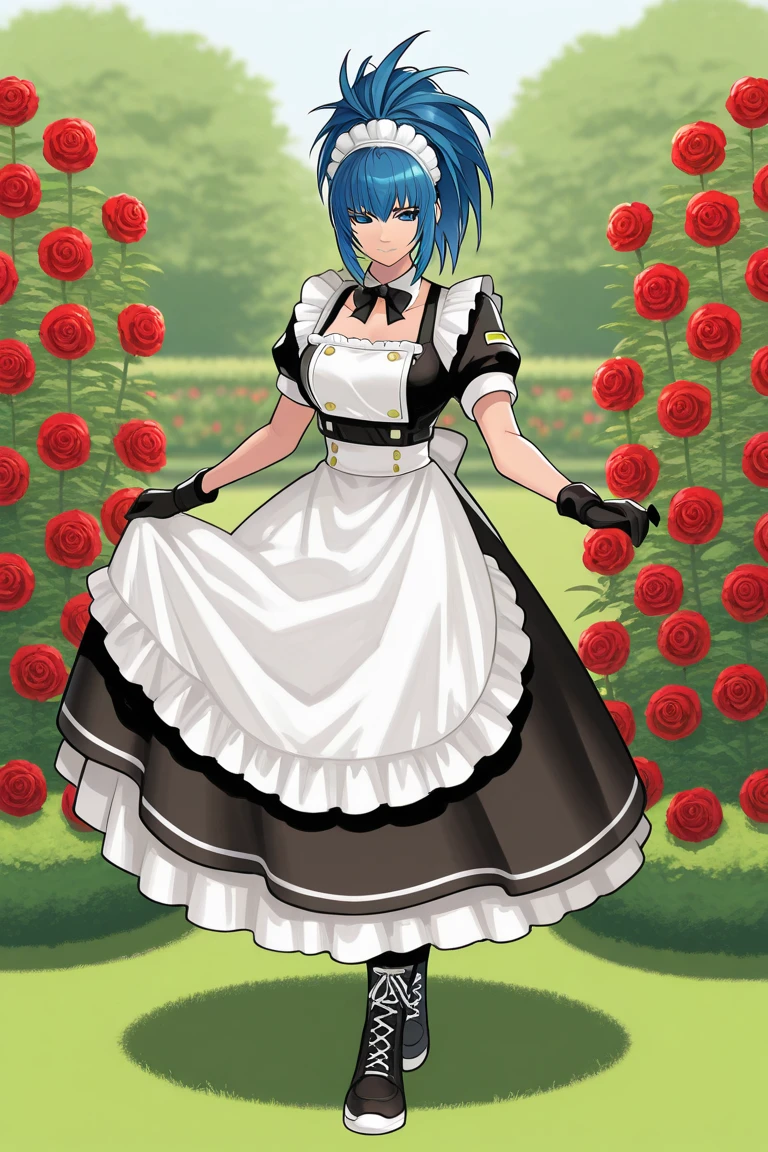 Create an image of Leona Heidern from King of Fighters cosplaying Maid ...