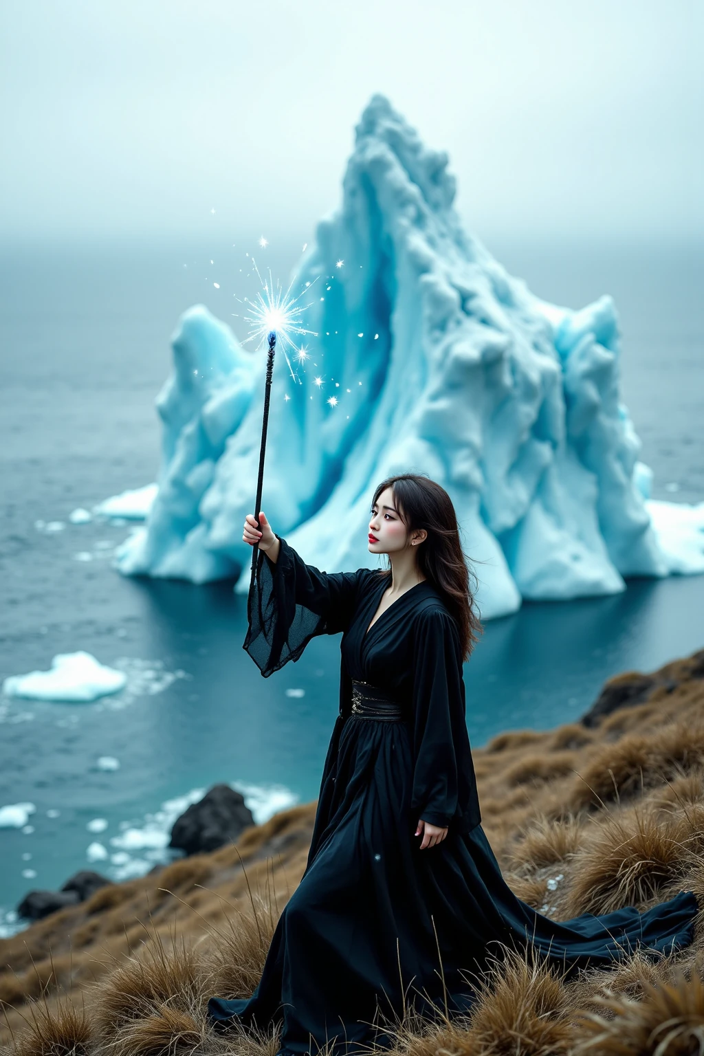 A woman who uses magic as if conducting a magic wand on a hill with a ...