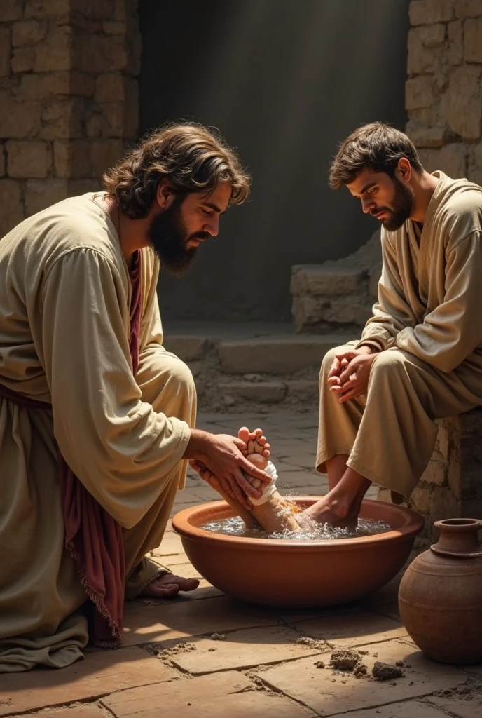 A realistic biblical scene showing two people: Jesus Christ kneeling in ...
