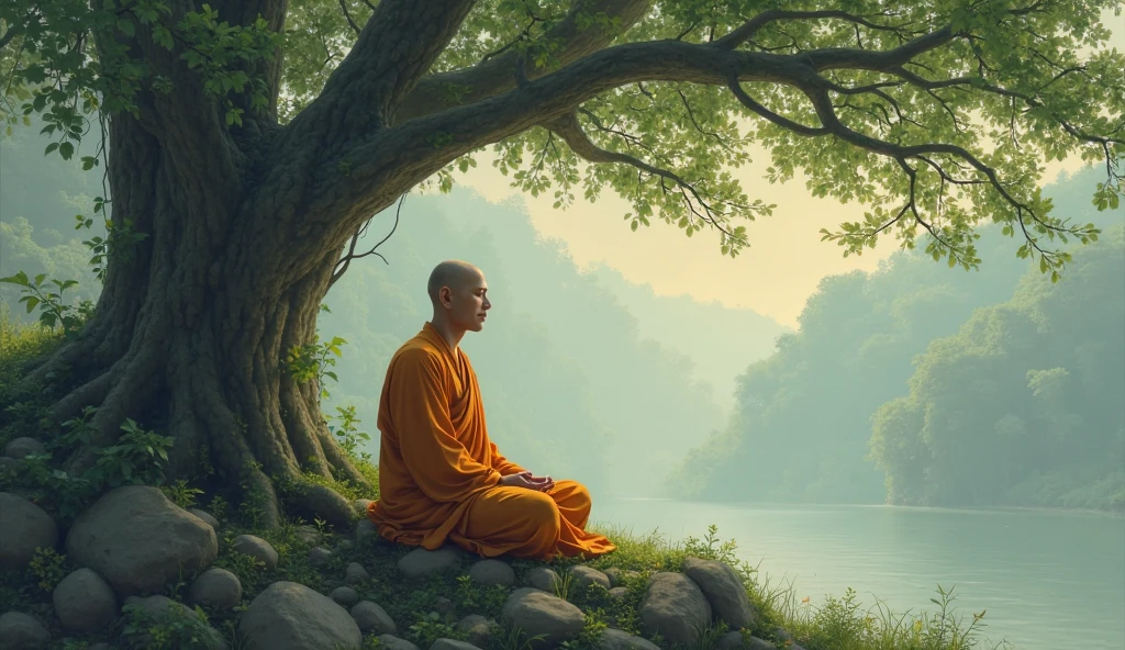 A monk meditating under a Bodhi tree, surrounded by the stillness of ...