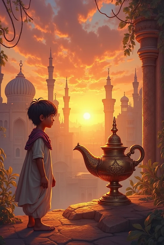 Aladdin and the Amazing Lamp with a sunset background - SeaArt AI