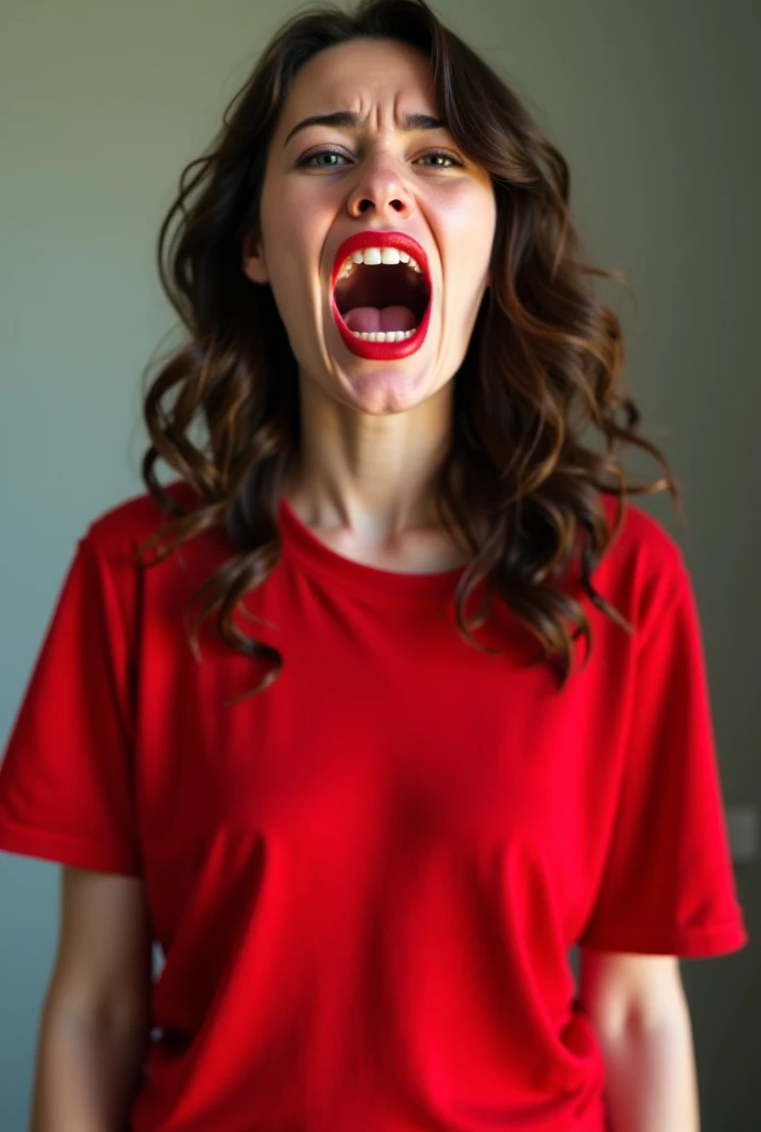 Generate a girl screaming in a red t-shirt and red lips on a ...
