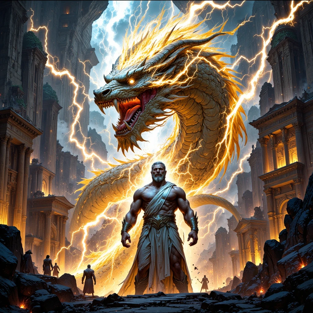 "A muscular Zeus in a glowing high-tech toga laughs triumphantly ...