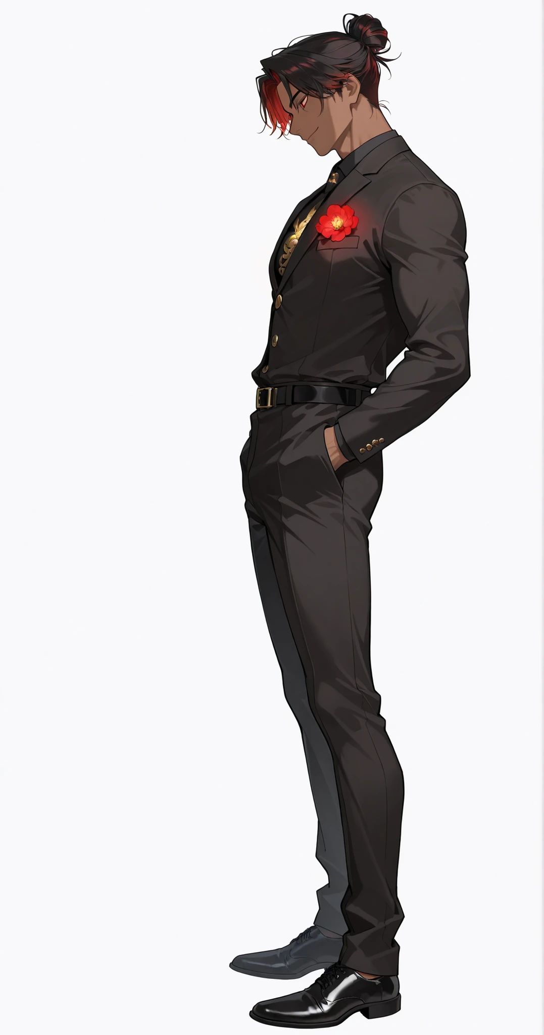 1 man, very handsome face, tall, low man bun, black hair, one line of ...