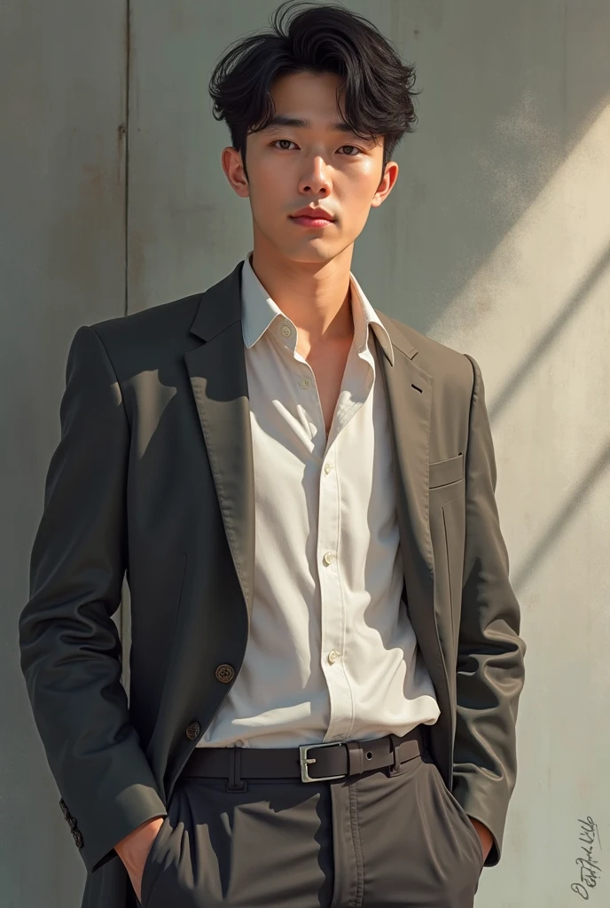 A realistic picture of a Korean guy in normal and handsome clothes ...