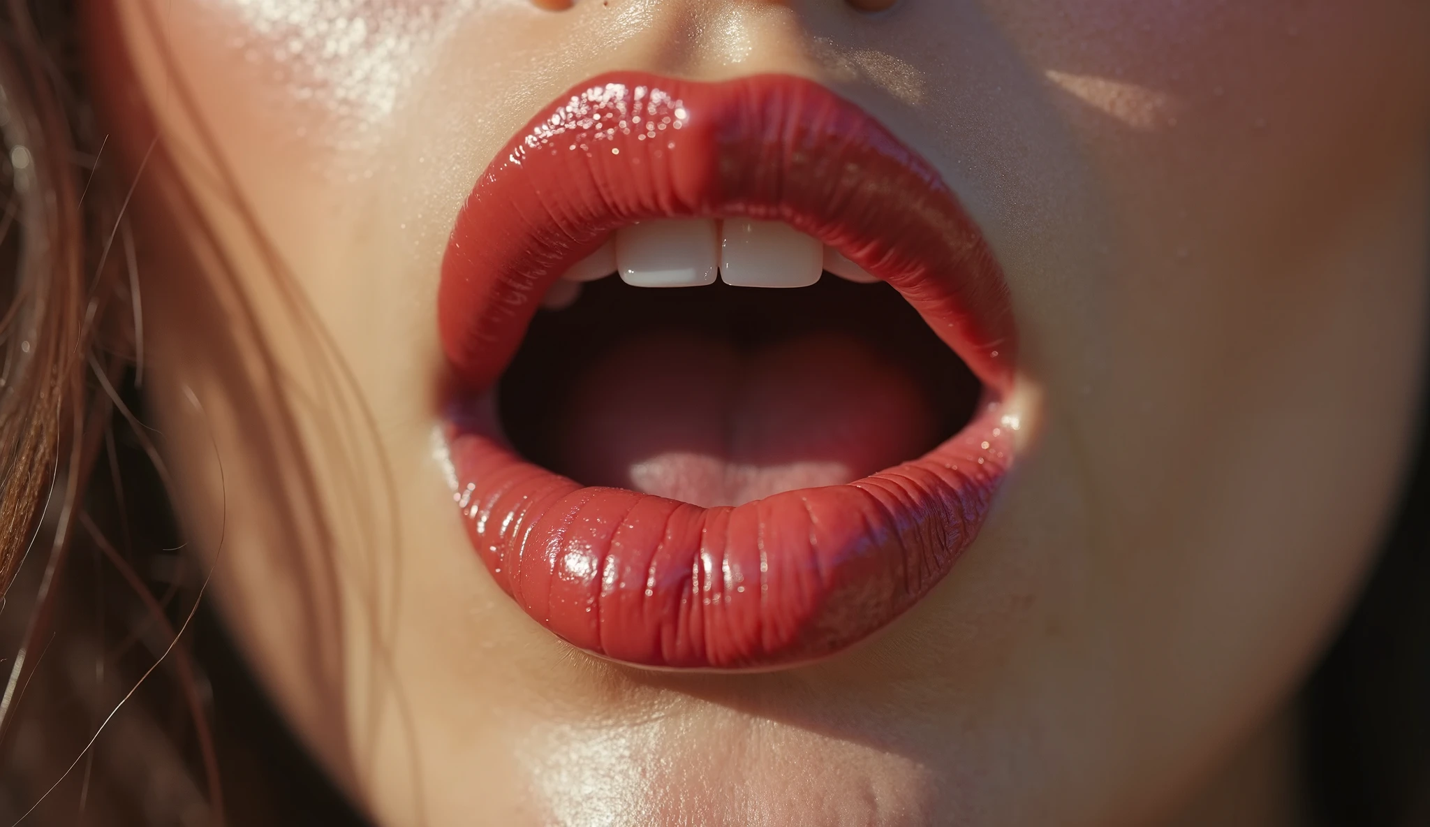 Ultra-realistic macro shot of a female mouth mid-singing, lips slightly ...