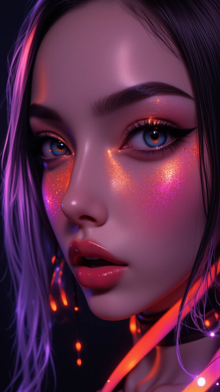 80’s glam rock makeup on shiny android face, anime, 2.5D, Glittery face ...