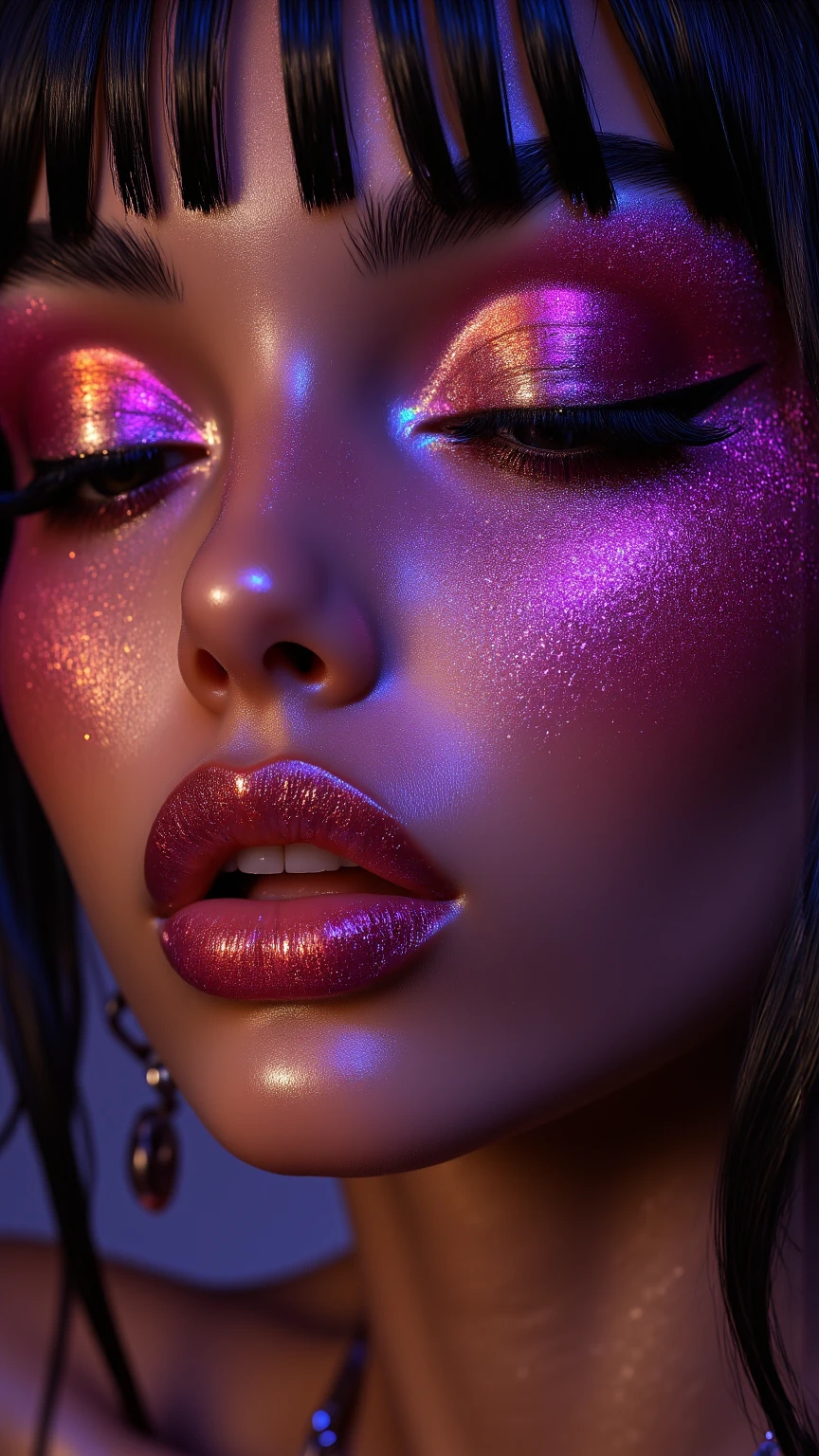 80’s glam rock makeup on shiny android face, anime, 2.5D, Glittery face ...
