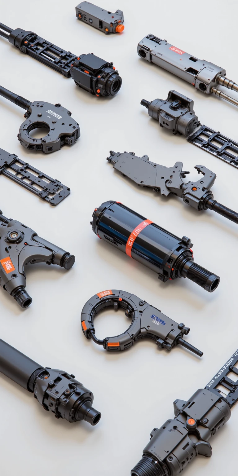 Orthographic top-down view of thin mechanical components arranged on a ...