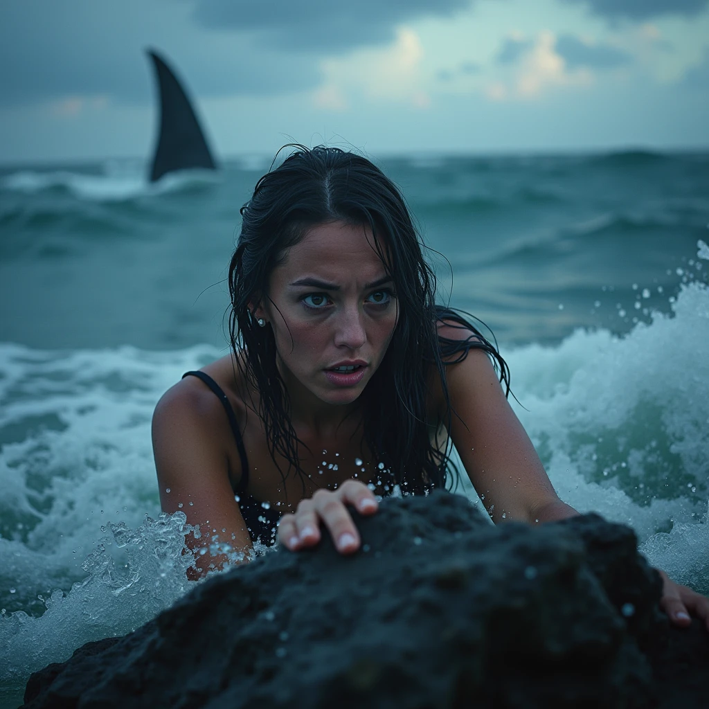 A woman, drenched and trembling, grips a jagged rock in the middle of ...