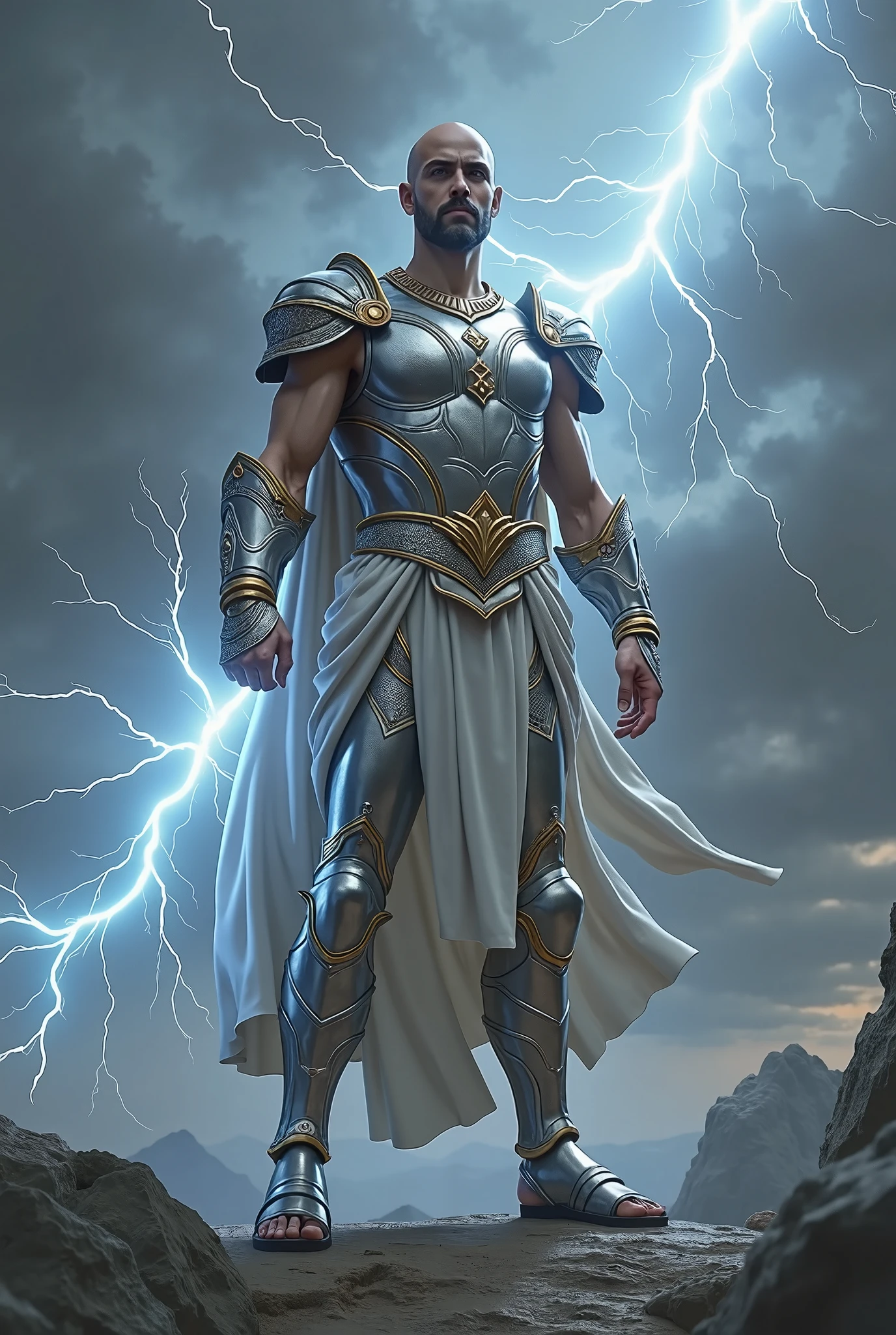 Zues, lightning background, skinny, shinning silver armor, sandal ...