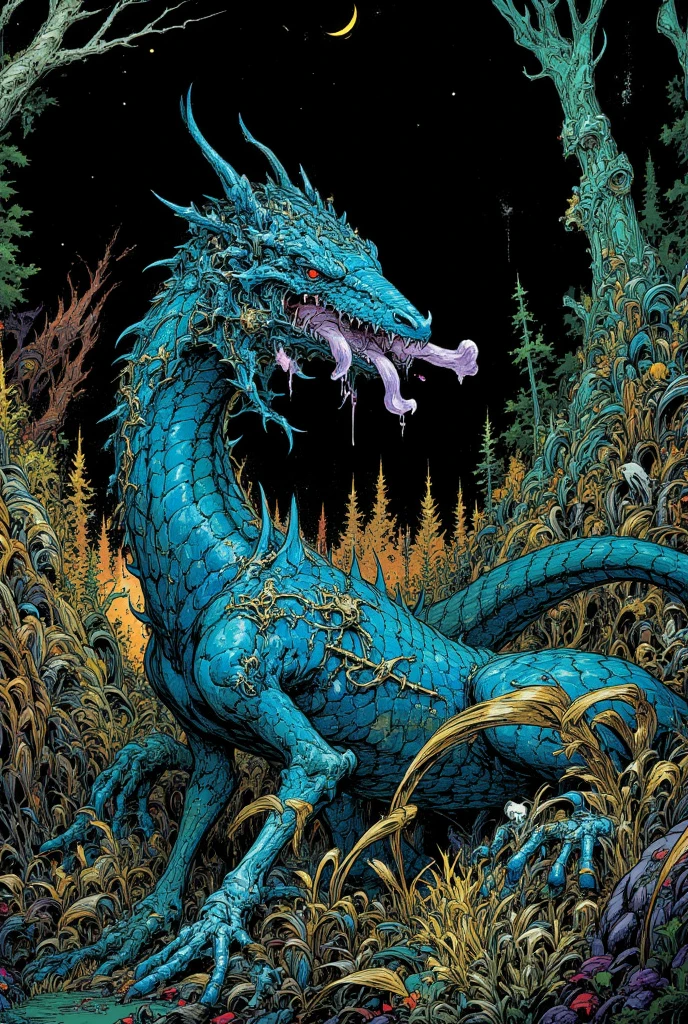 Depicts an eyeless dragon, scales on the skin ,has a huge mouth and a ...