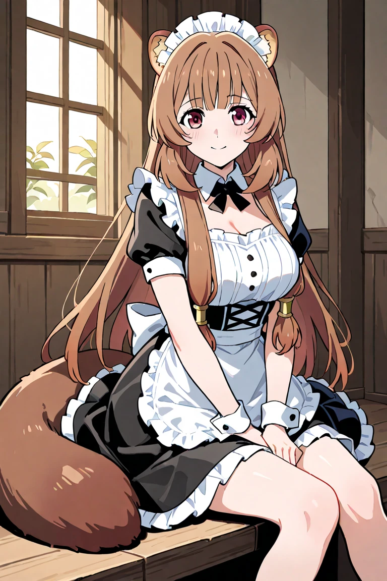 1girl, maid, sitting, tail, brown_hair, apron, raphtalia, looking - SeaArt AI