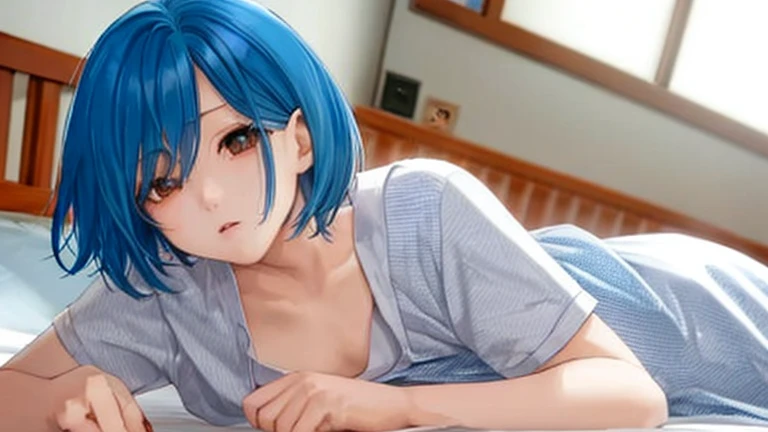 Blue Hair、Bob、boy、169cm、Lying down、Relaxed、bedroom、Smartphone - SeaArt AI